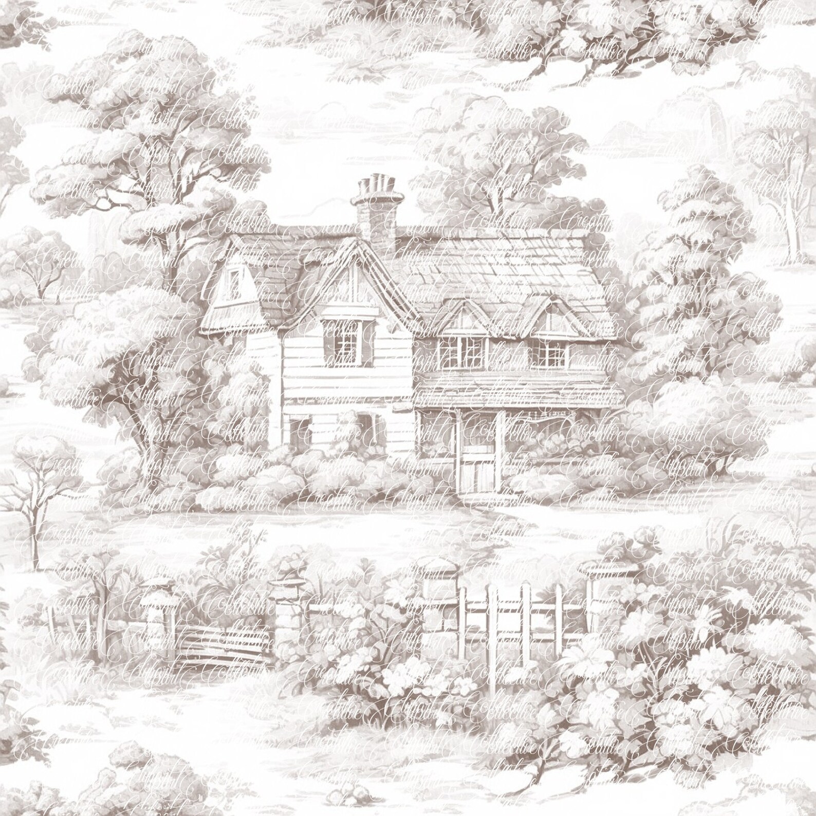 12 French Brown Parisian Countryside Toile Watercolor Clipart, Junk ...