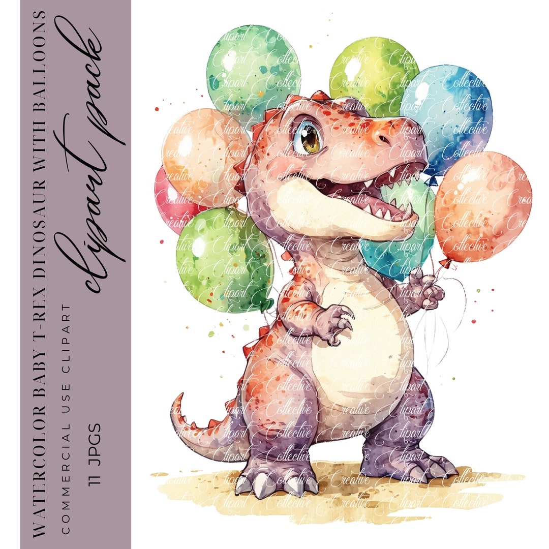 11 Dinosaur Clipart, Watercolor Birthday Balloons T-rex Dinosaur ...