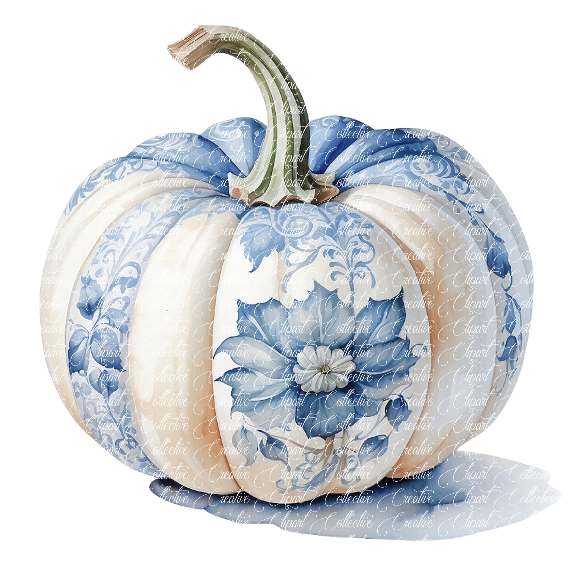 12 Vintage White Blue Floral Pumpkin Watercolor Clipart, Junk Journal ...