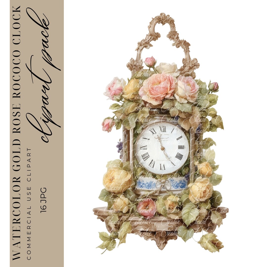 16 Rococo Gold Rose Clock Clipart, Clock Clipart, Floral Rose Clipart ...