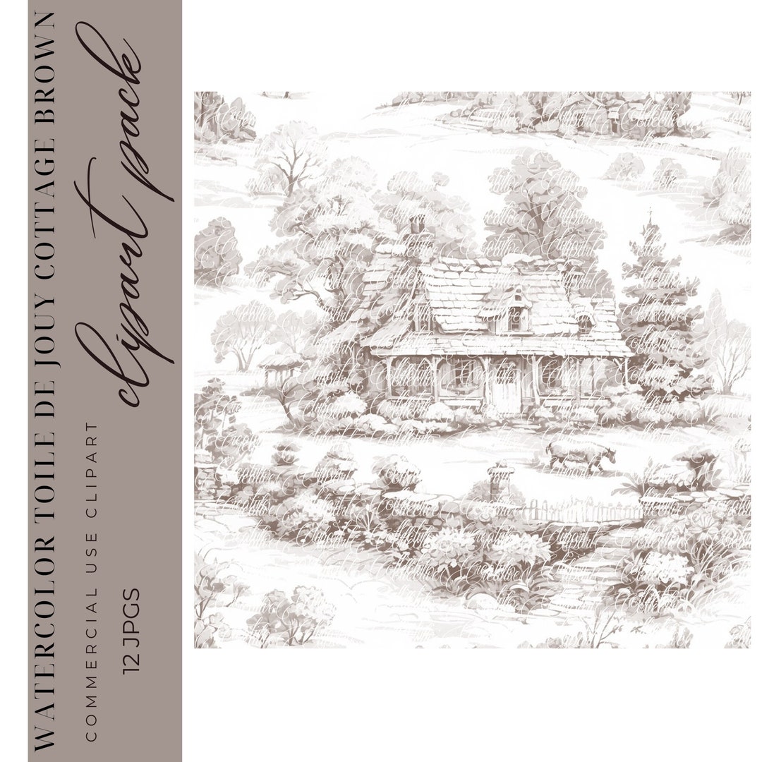 12 French Brown Parisian Countryside Toile Watercolor Clipart, Junk ...
