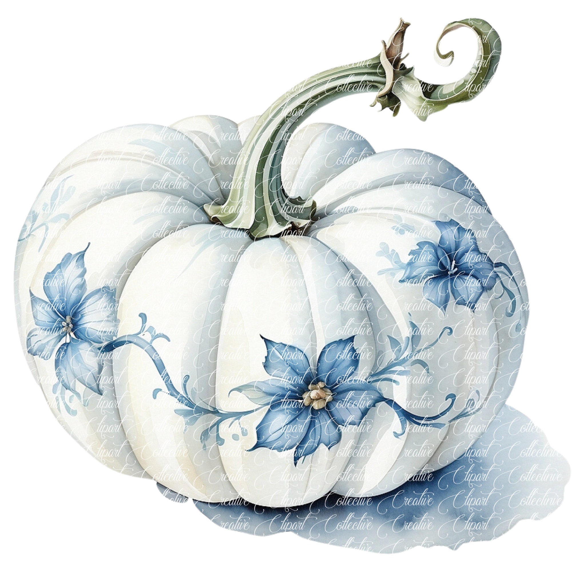 12 Vintage White Blue Floral Pumpkin Watercolor Clipart, Junk Journal ...