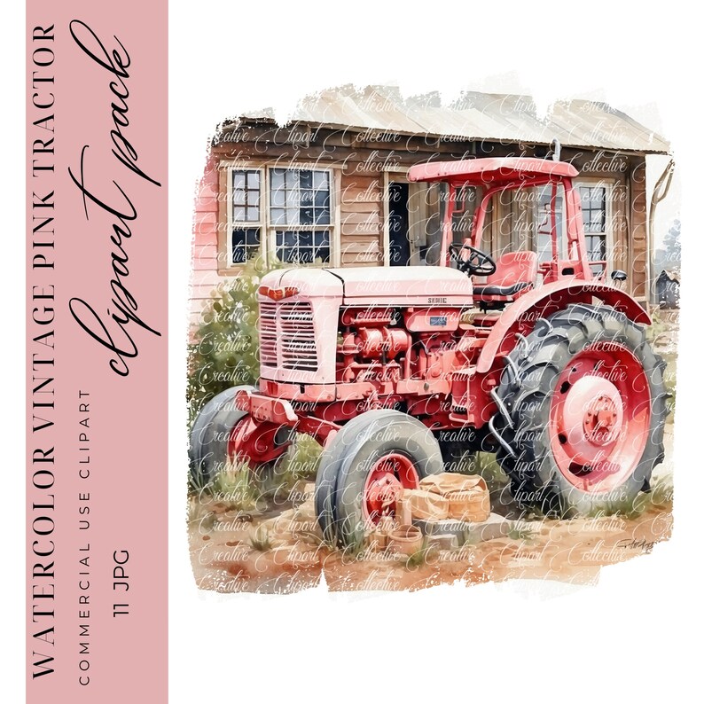 11 Pink Tractor Clipart, Vintage Tractor Clipart, Watercolor Farm ...