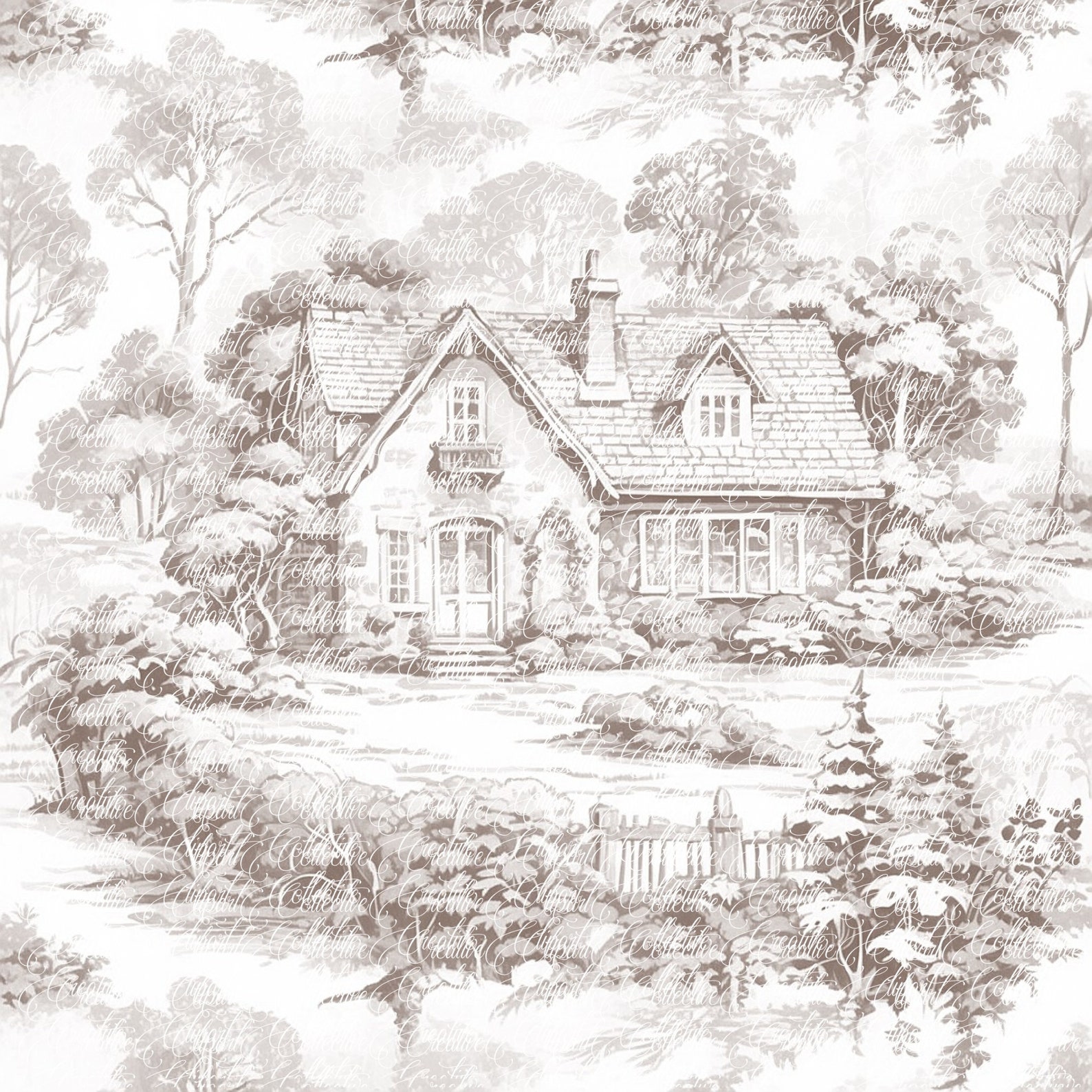 12 French Brown Parisian Countryside Toile Watercolor Clipart, Junk ...