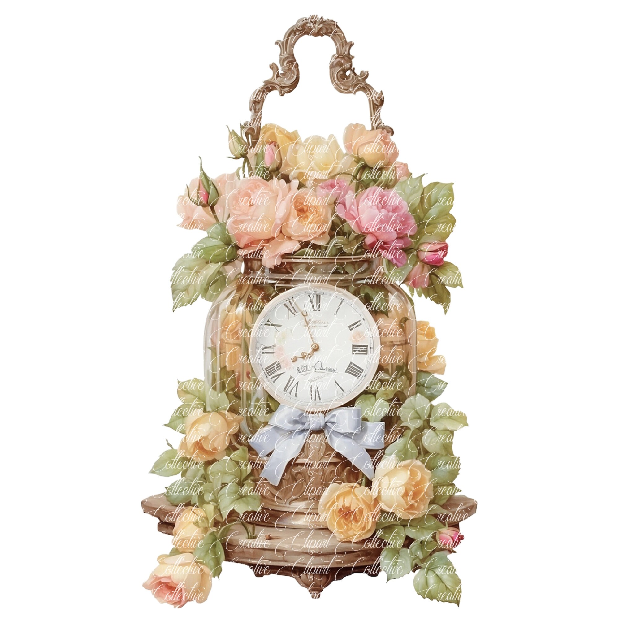16 Rococo Gold Rose Clock Clipart, Clock Clipart, Floral Rose Clipart ...