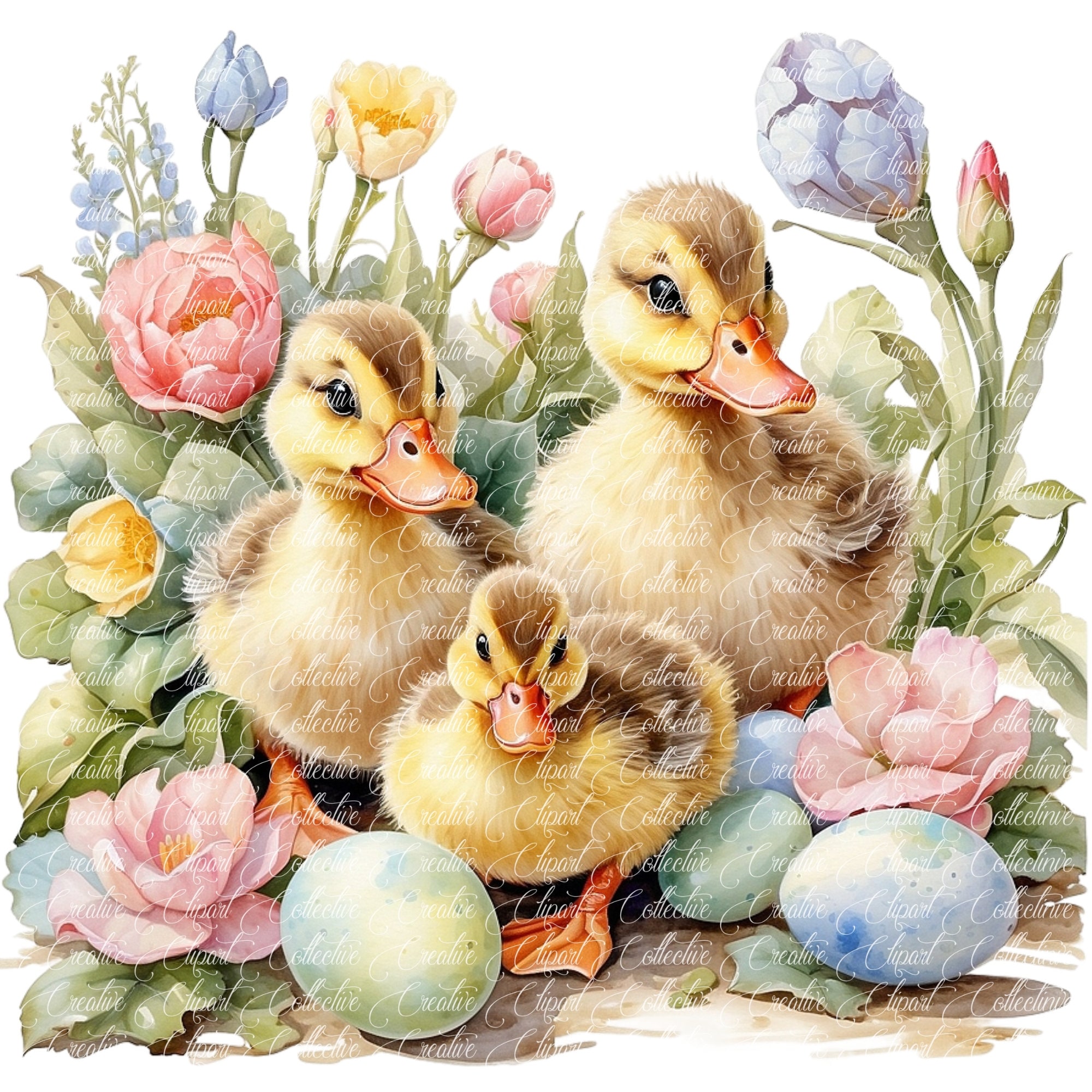 14 Easter Chicks and Eggs Clipart Set, Watercolor Easter Floral Chicks ...