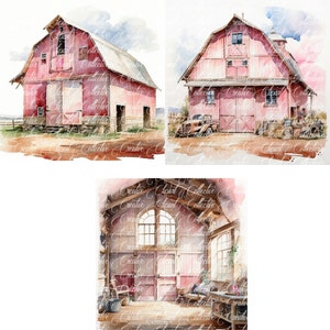 12 Watercolor Pink Barn Clipart, Wooden Barn Clipart, Printable ...