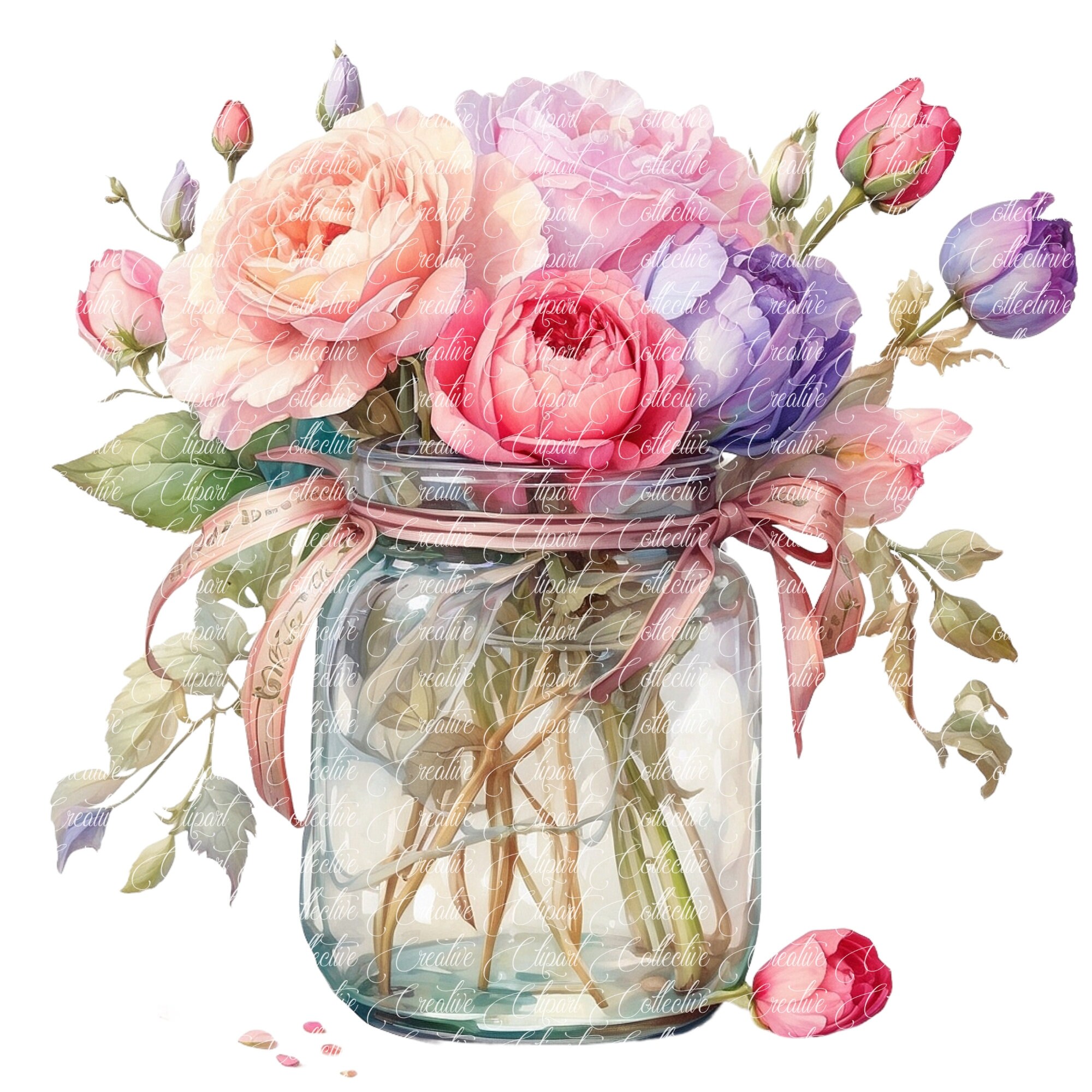 12 Roses Clipart, Floral Clipart, Roses Jar Clipart, Flowers in Mason ...