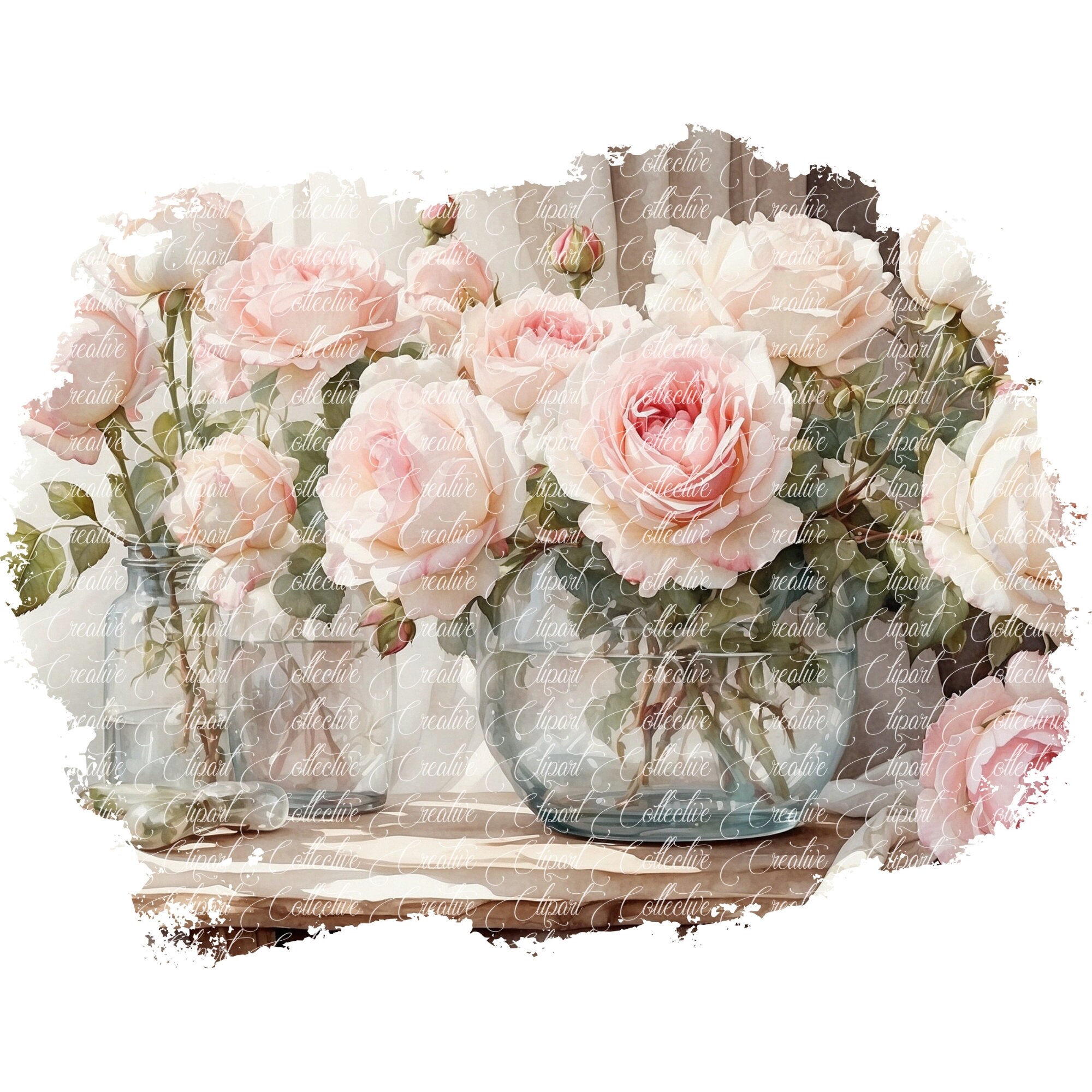 12 Roses Clipart, Shabby Chic Roses in Vase Clipart, Mothers Day Art ...