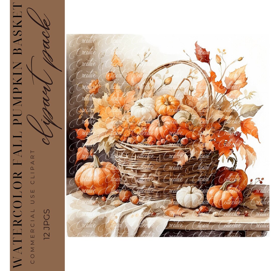 12 Fall Pumpkin Basket Clipart, Watercolor Pumpkin Clipart, Junk ...