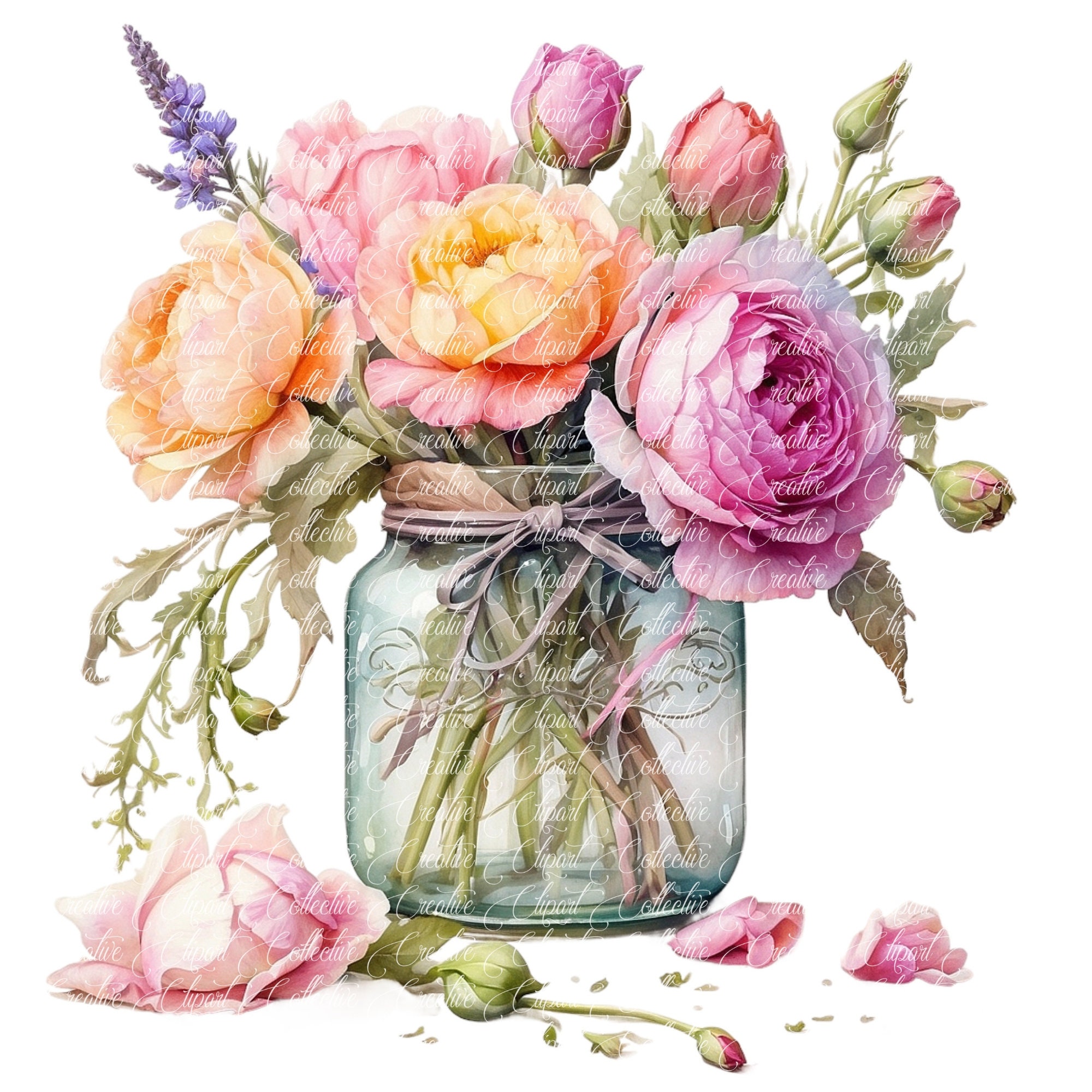 12 Roses Clipart, Floral Clipart, Roses Jar Clipart, Flowers in Mason ...