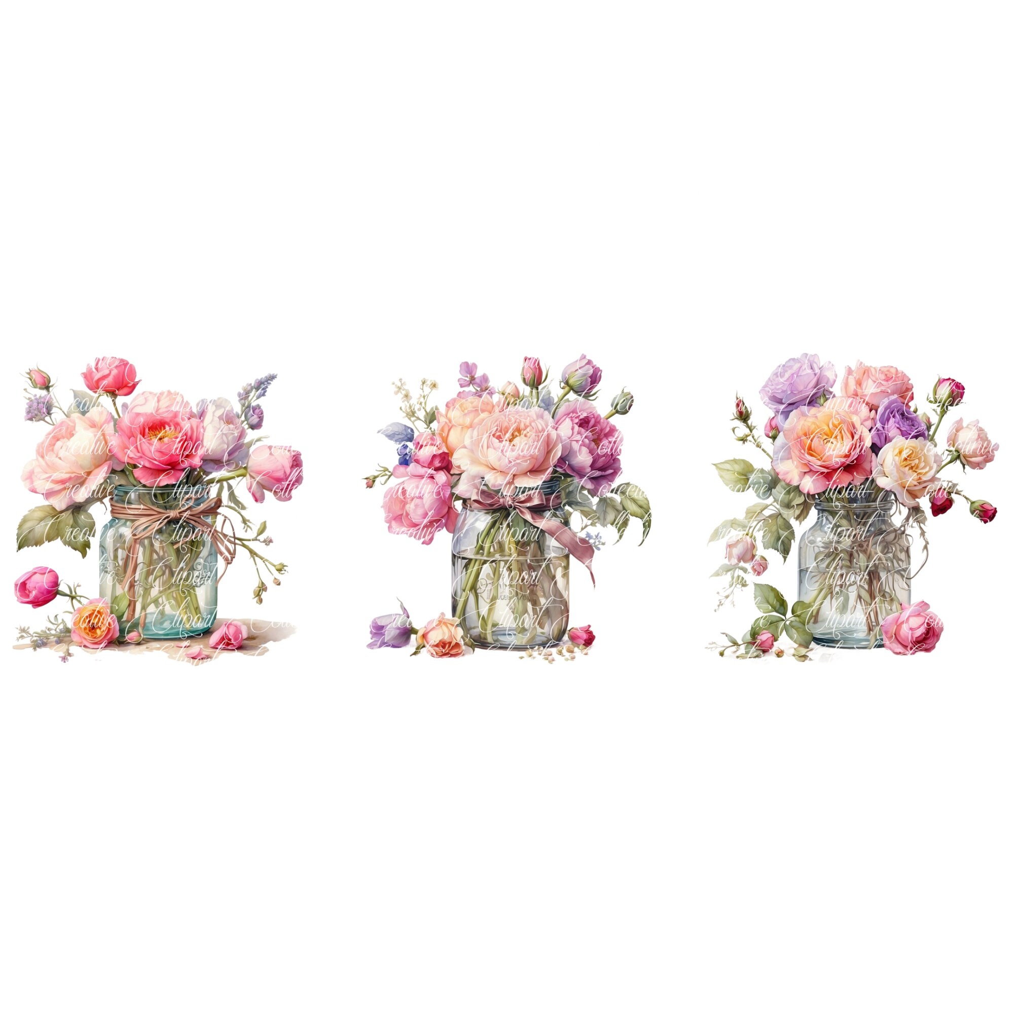 12 Roses Clipart, Floral Clipart, Roses Jar Clipart, Flowers in Mason ...