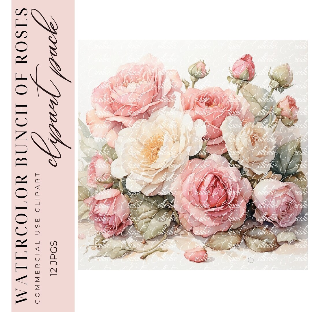 12 Romantic Chic Roses Clipart, Watercolor Pink Roses Clipart, Junk ...