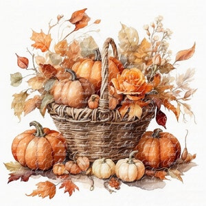 12 Fall Pumpkin Basket Clipart, Watercolor Pumpkin Clipart, Junk ...