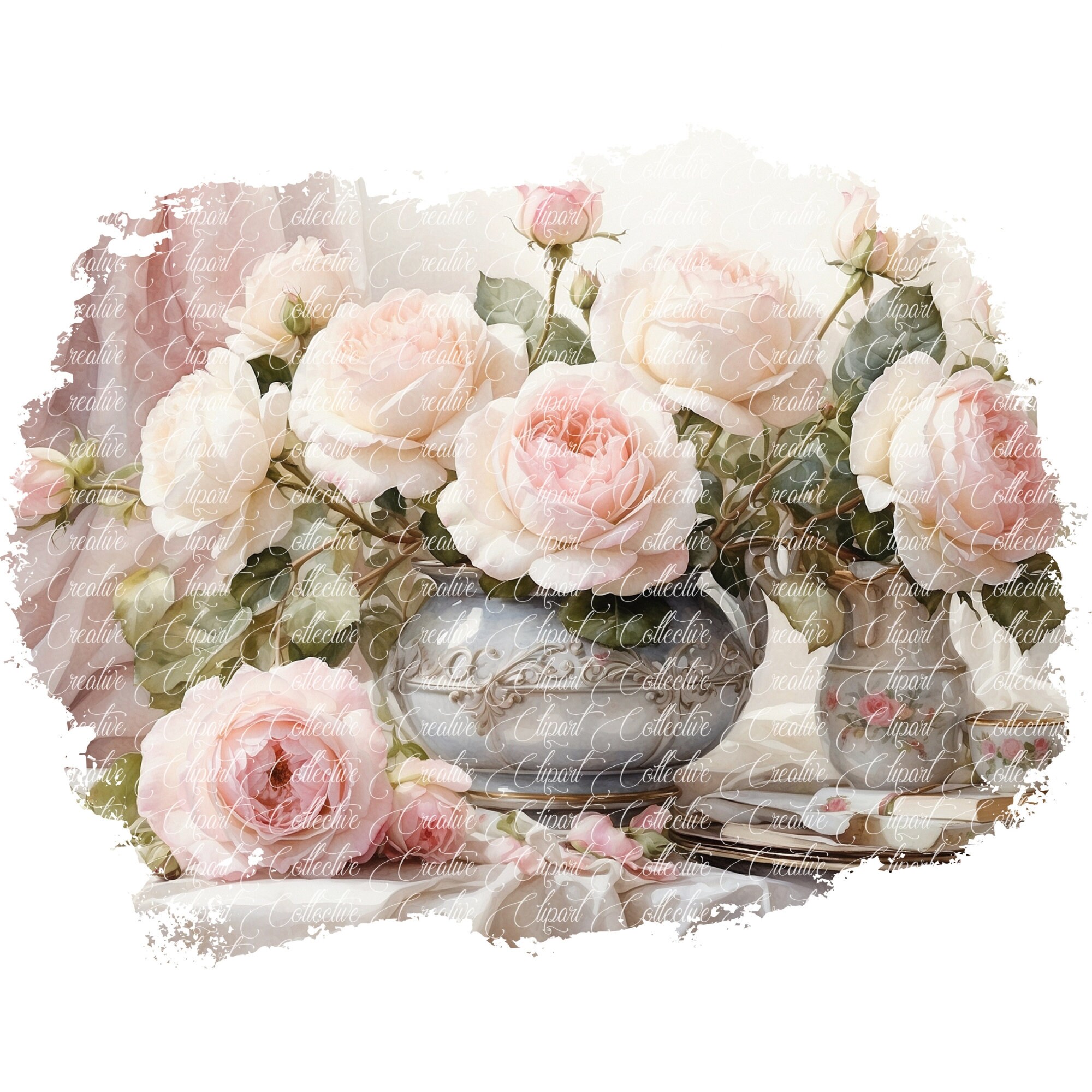 12 Roses Clipart, Shabby Chic Roses in Vase Clipart, Mothers Day Art ...