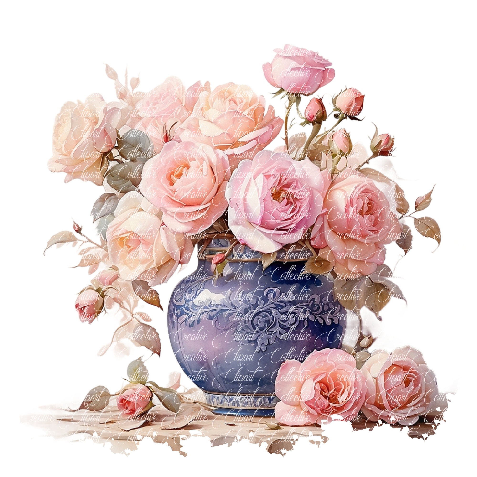 12 Rose Clipart, Roses in Vase Clipart, Shabby Chic Clipart, Printable ...