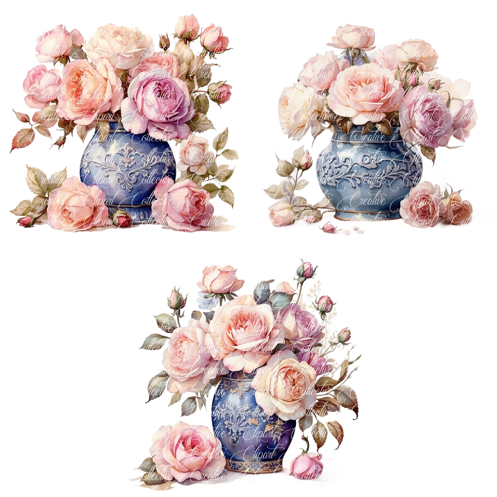 12 Rose Clipart, Roses in Vase Clipart, Shabby Chic Clipart, Printable ...