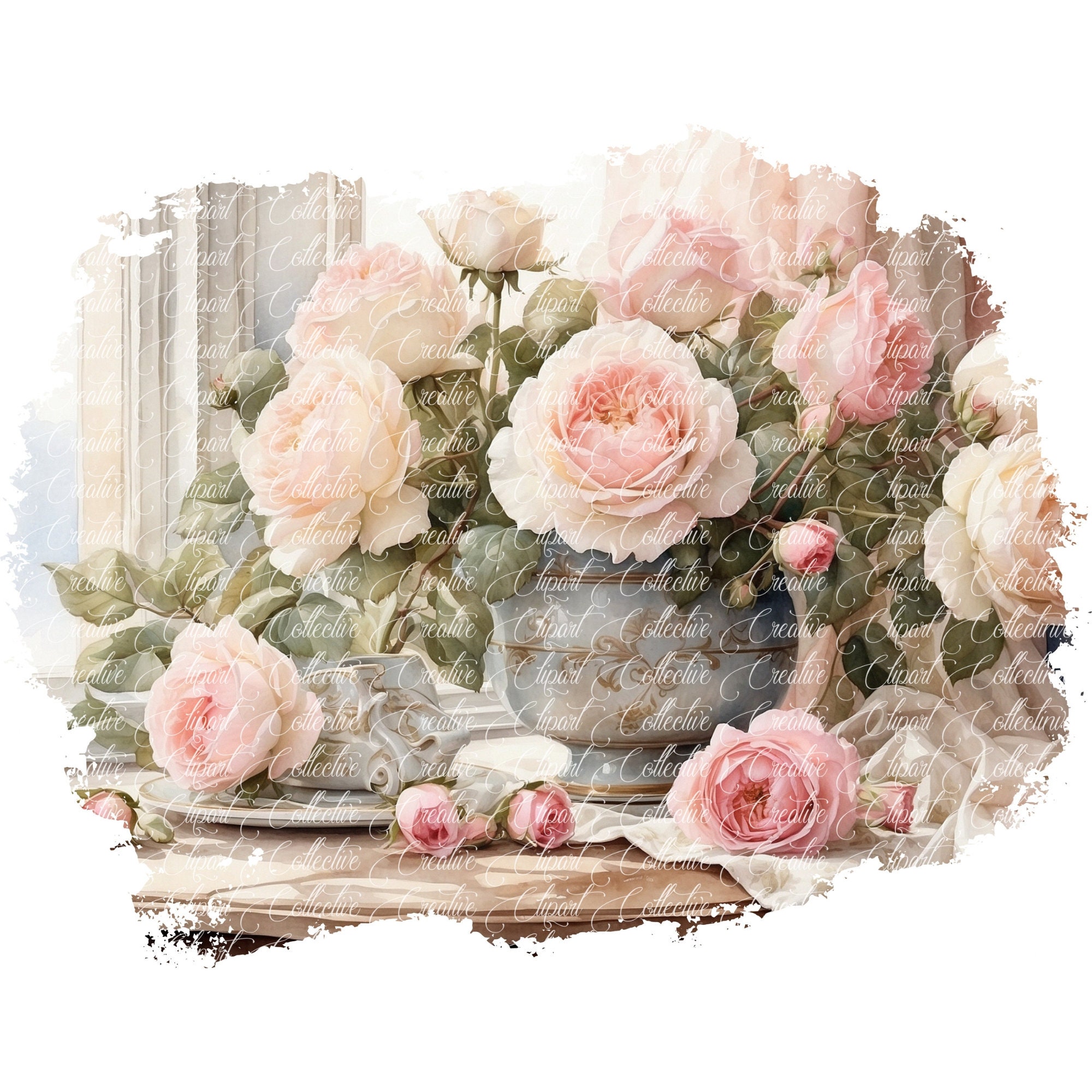 12 Roses Clipart, Shabby Chic Roses in Vase Clipart, Mothers Day Art ...