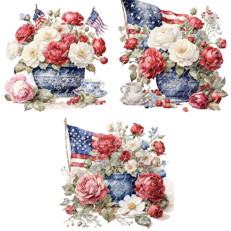 12 Fourth of July Flag and Flowers Clipart, Watercolor Patriotic Art ...