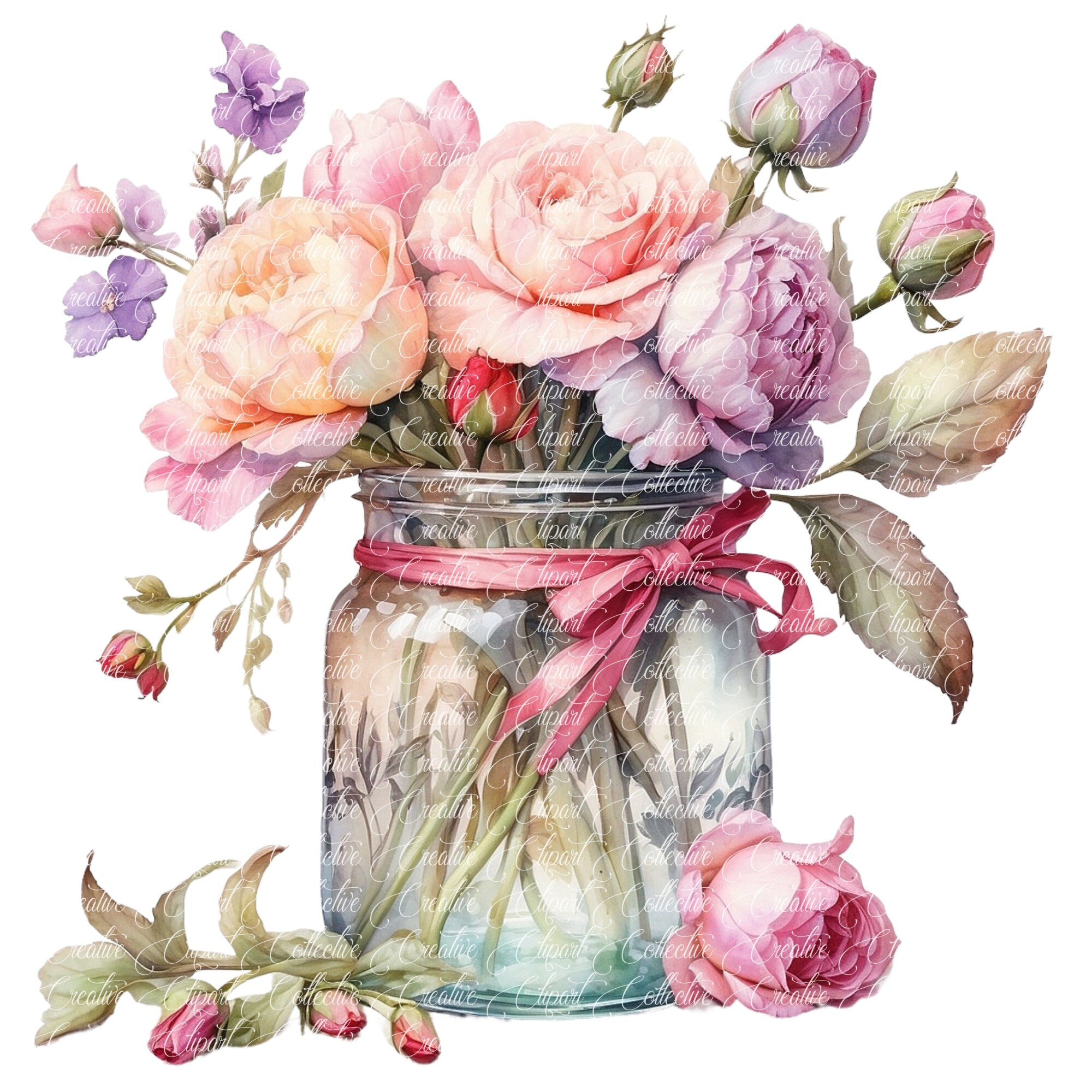 12 Roses Clipart, Floral Clipart, Roses Jar Clipart, Flowers in Mason ...