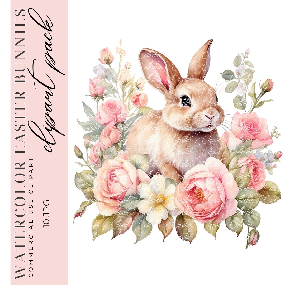 10 Easter Bunny Clipart Set, Watercolor Easter Bunnies, Floral Easter ...