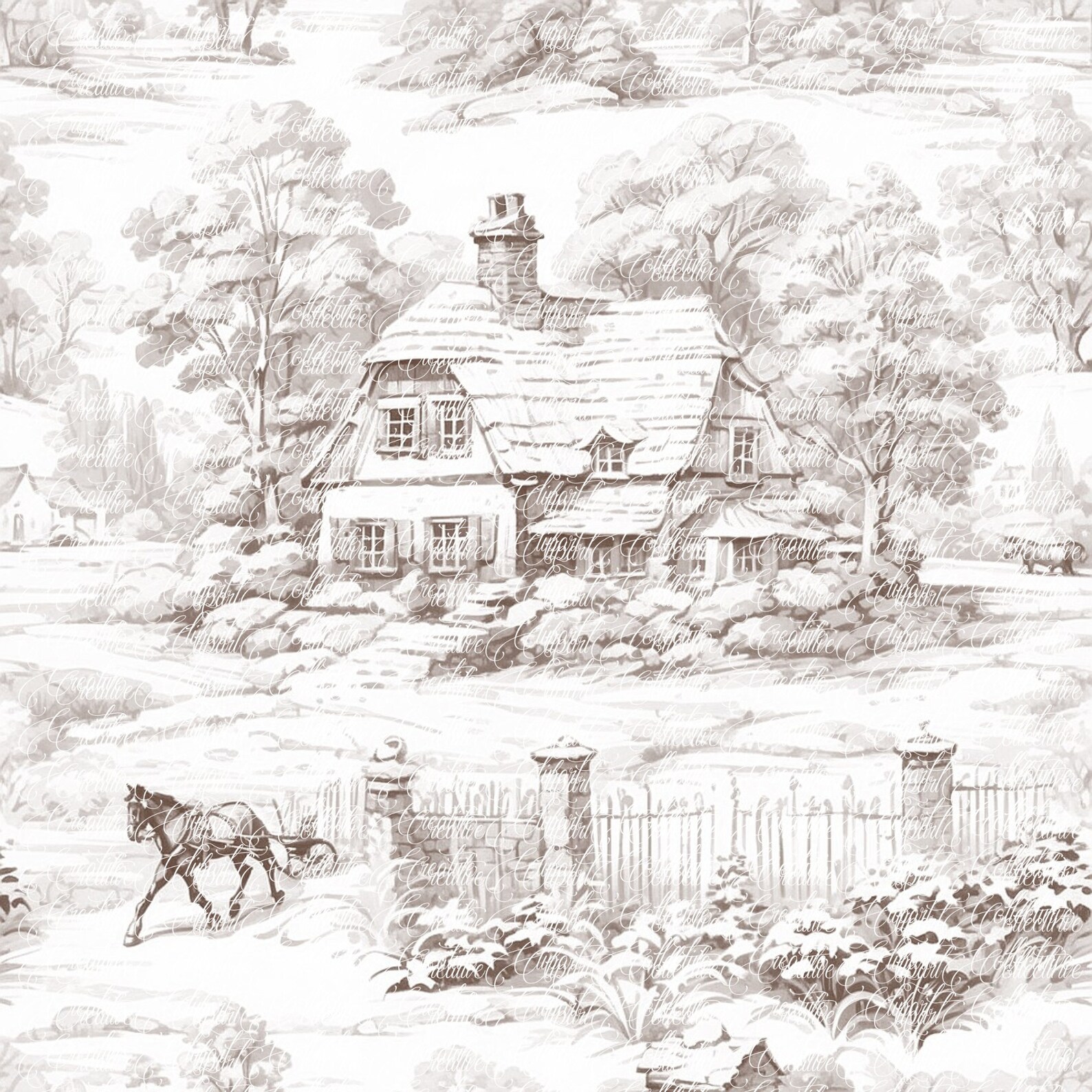 12 French Brown Parisian Countryside Toile Watercolor Clipart, Junk ...