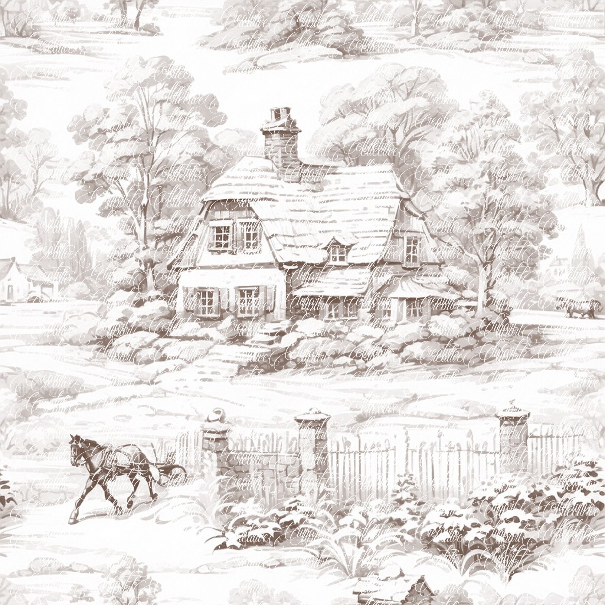 12 French Brown Parisian Countryside Toile Watercolor Clipart, Junk ...