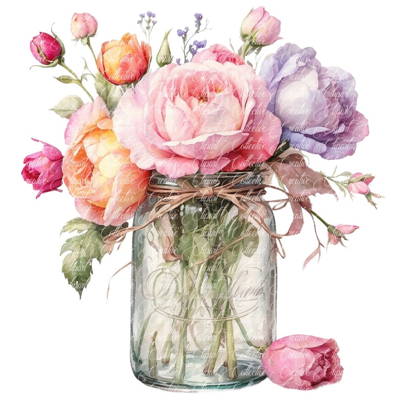 12 Roses Clipart, Floral Clipart, Roses Jar Clipart, Flowers in Mason ...