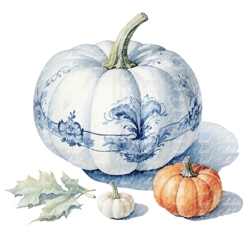 12 Vintage White Blue Floral Pumpkin Watercolor Clipart, Junk Journal ...