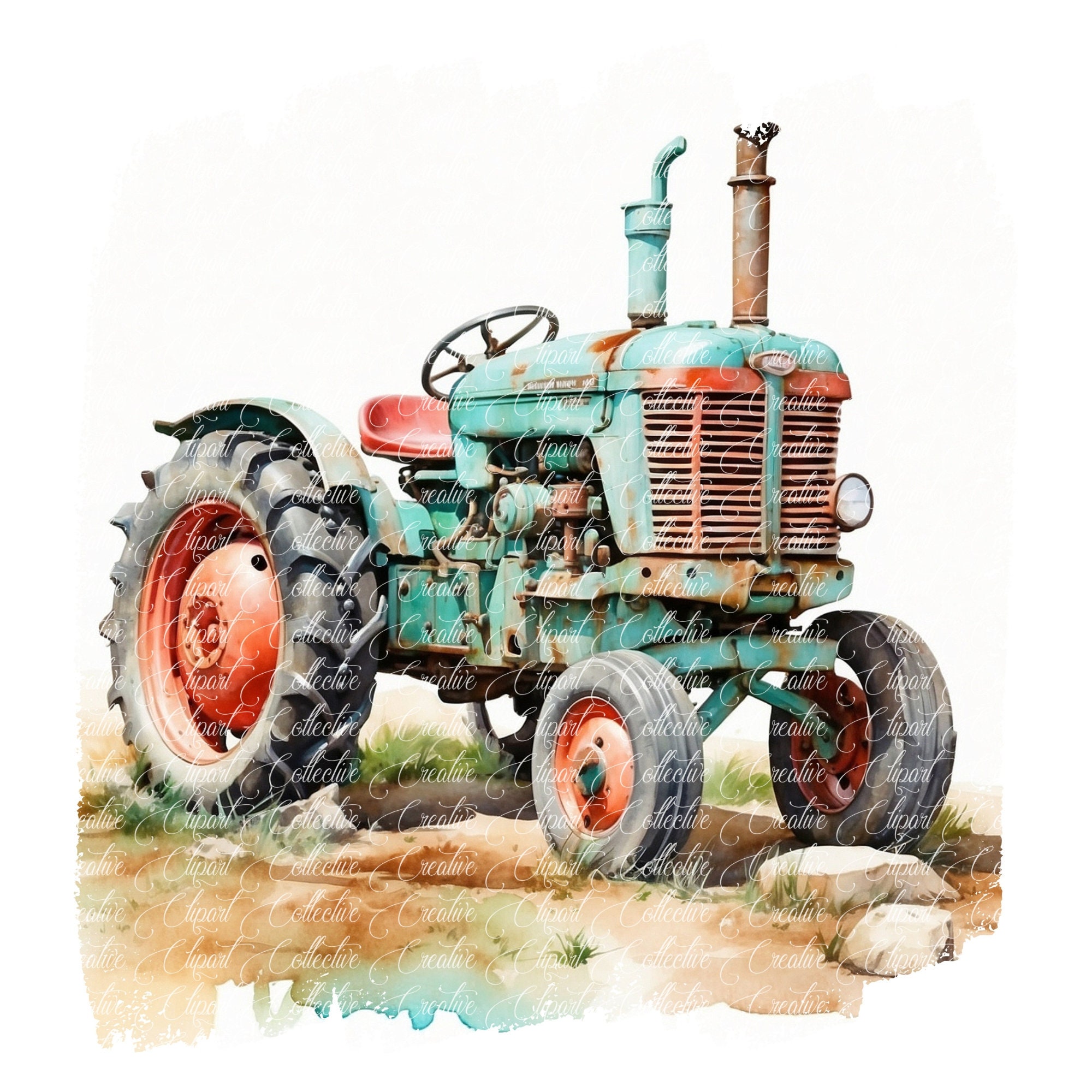 12 Aqua Tractor Clipart, Vintage Tractor Clipart, Watercolor Farm ...