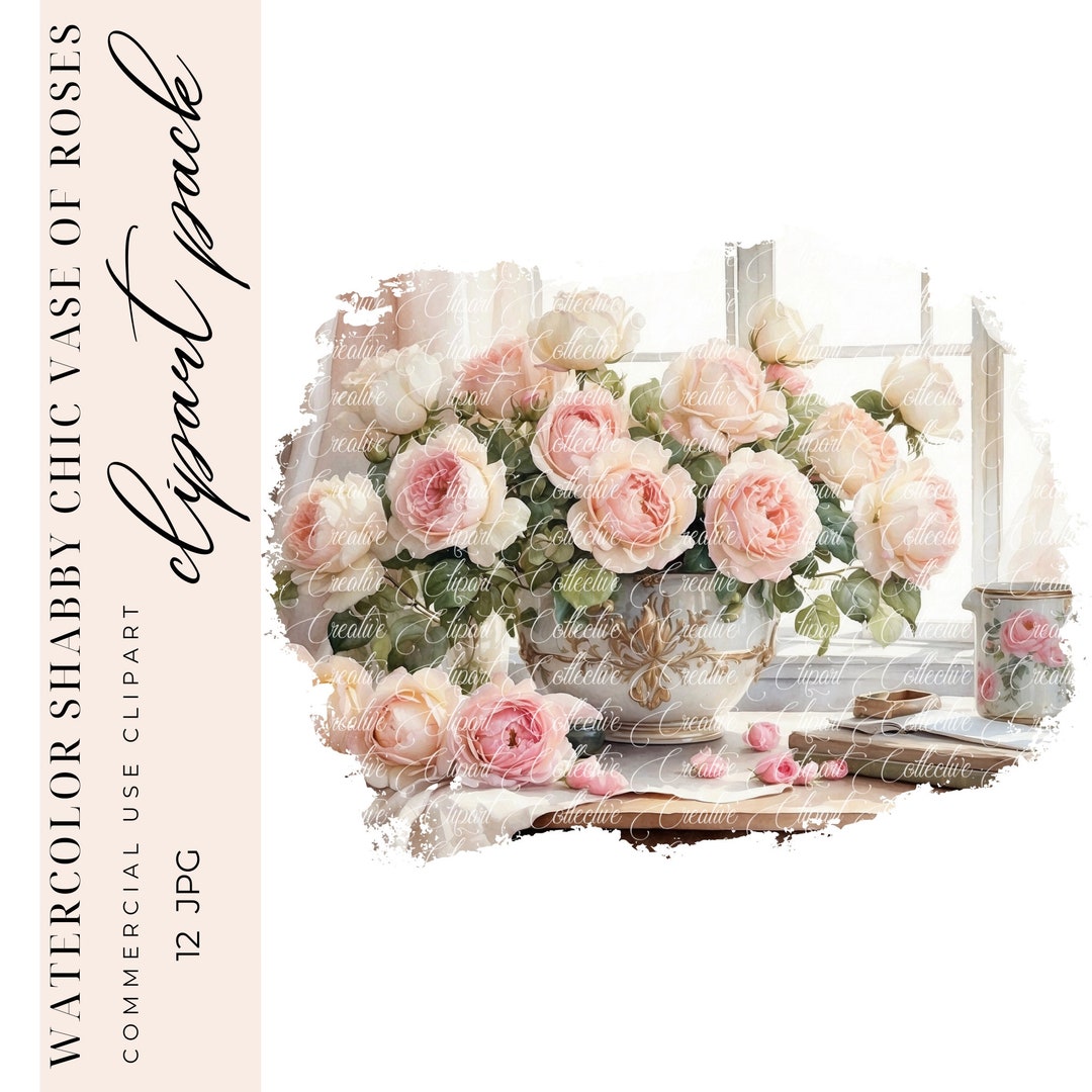 12 Roses Clipart, Shabby Chic Roses in Vase Clipart, Mothers Day Art ...