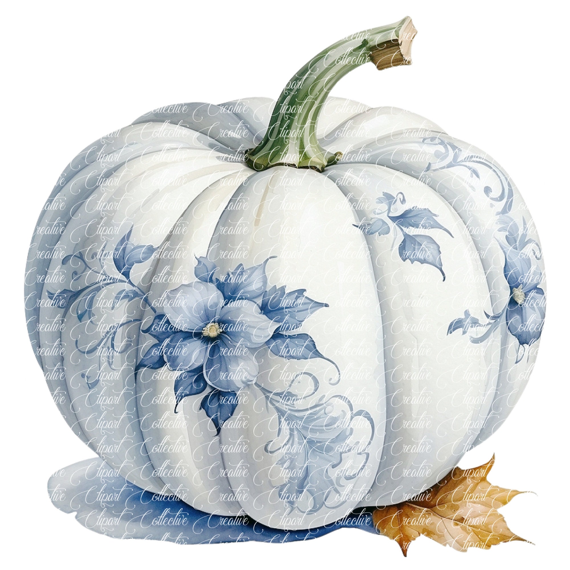 12 Vintage White Blue Floral Pumpkin Watercolor Clipart, Junk Journal ...