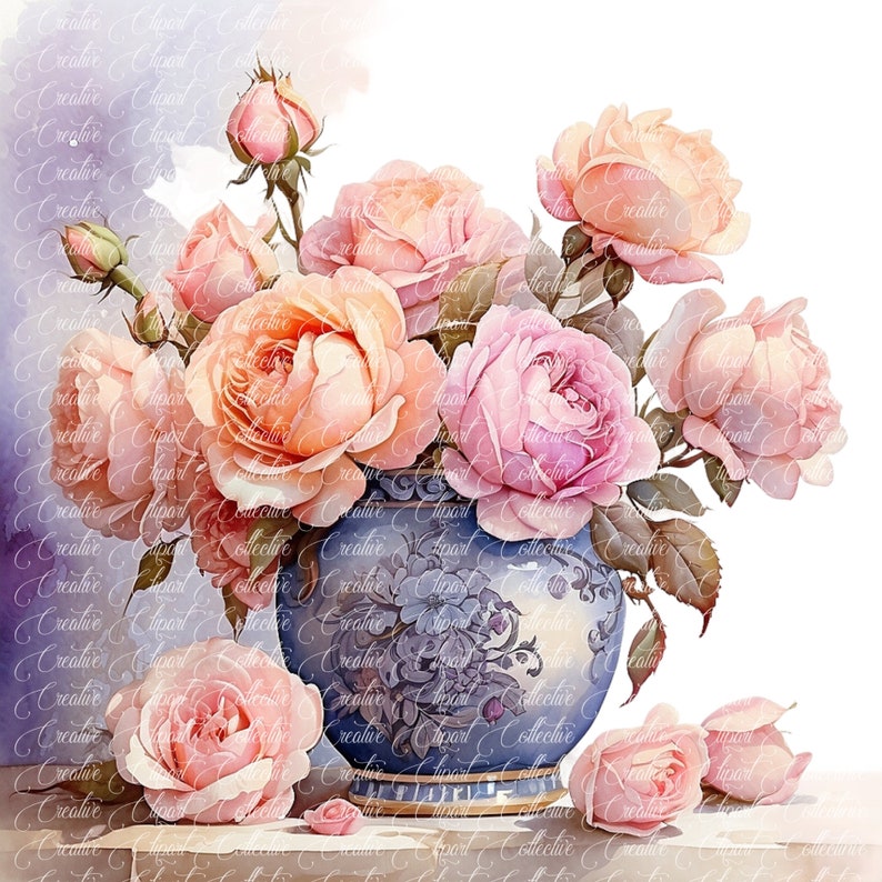 12 Rose Clipart, Roses in Vase Clipart, Shabby Chic Clipart, Printable ...