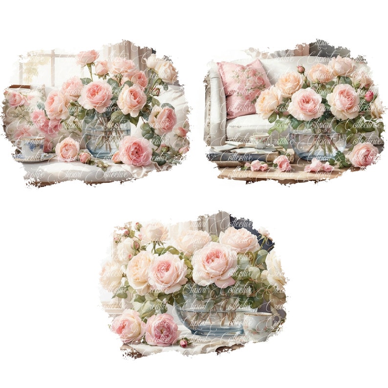 12 Roses Clipart, Shabby Chic Roses in Vase Clipart, Mothers Day Art ...
