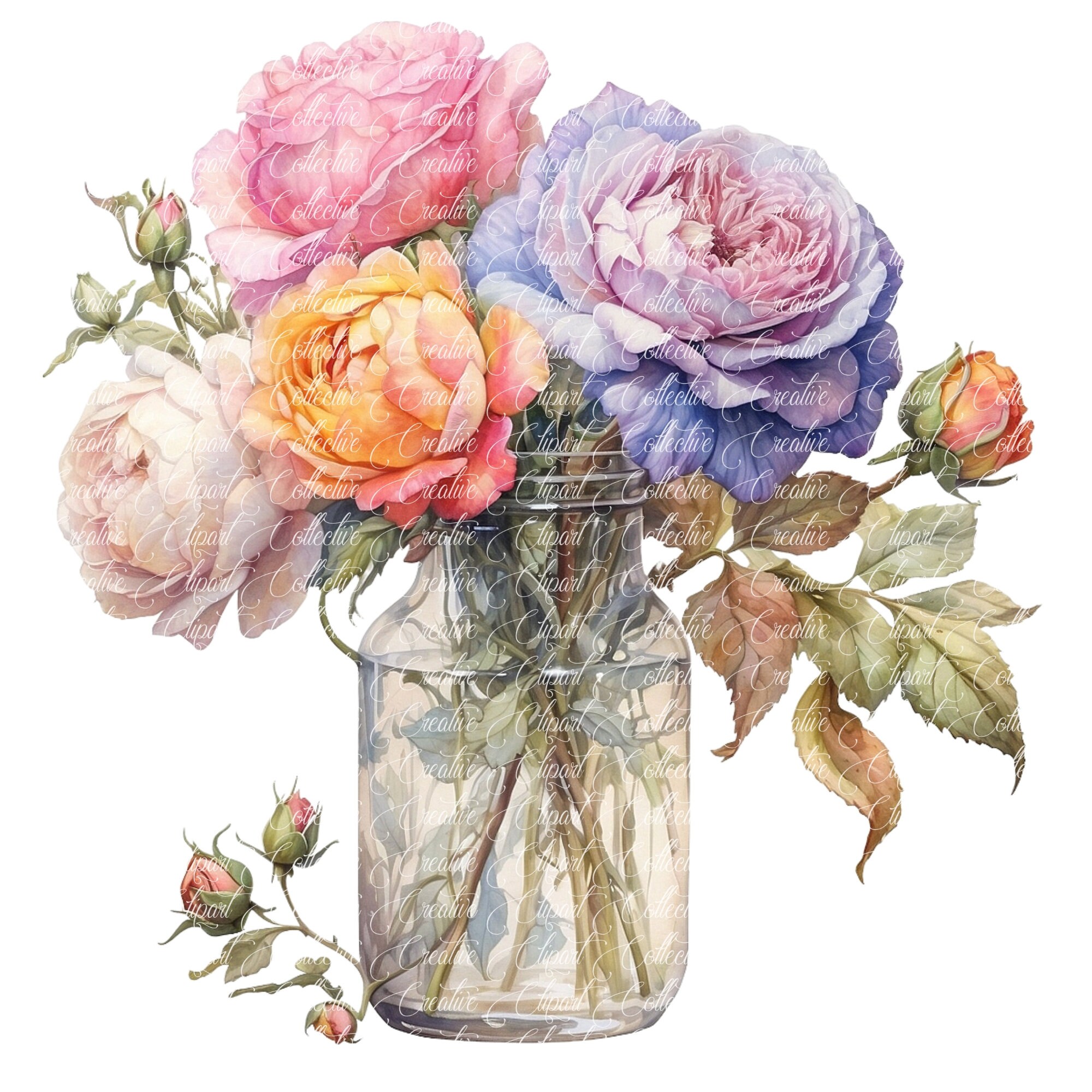 12 Roses Clipart, Floral Clipart, Roses Jar Clipart, Flowers in Mason ...