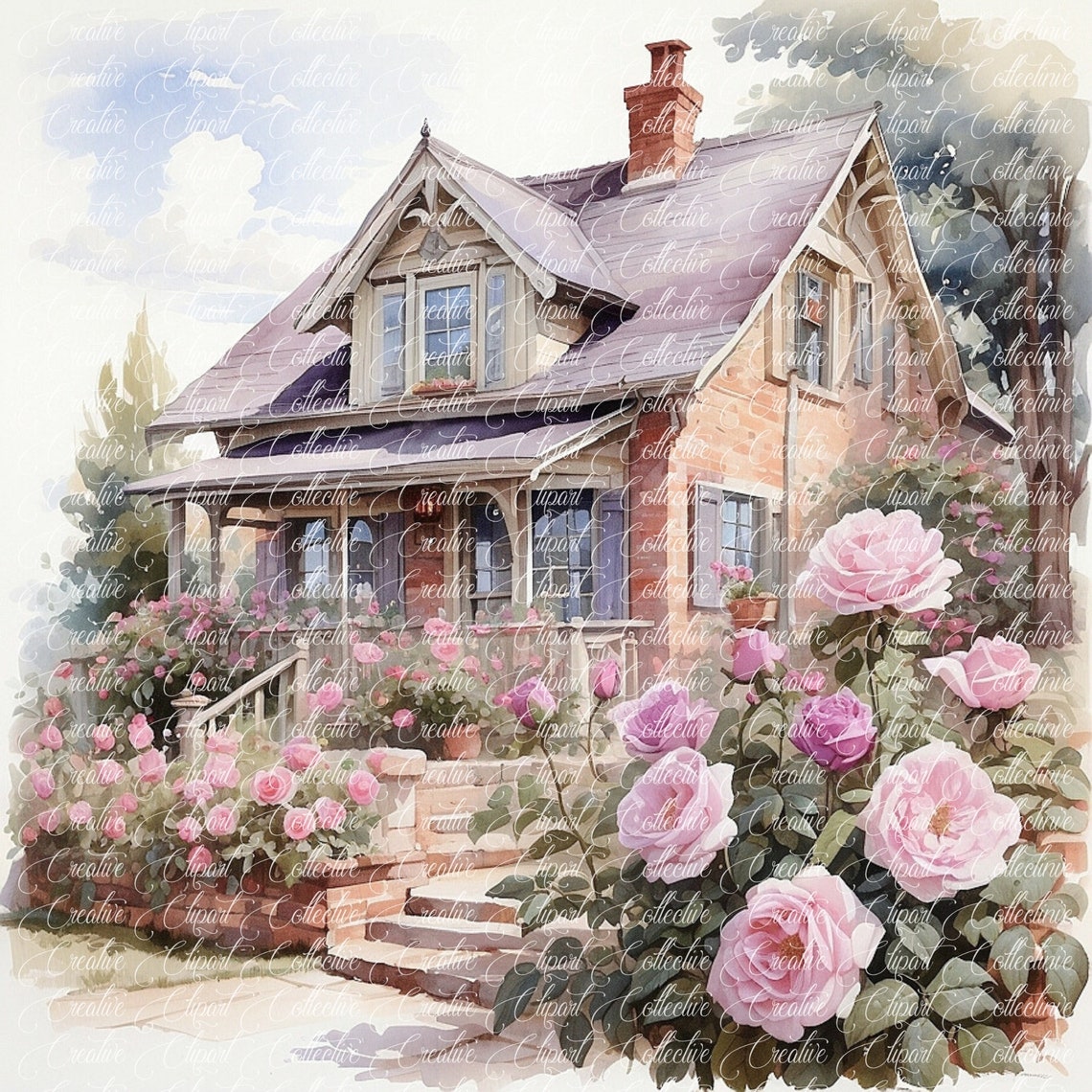 15 Brick Cottage House Clipart, Watercolor House Clipart, Mixed Media ...