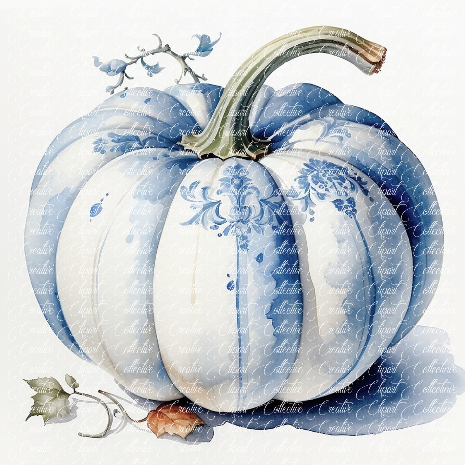 12 Vintage White Blue Floral Pumpkin Watercolor Clipart, Junk Journal ...