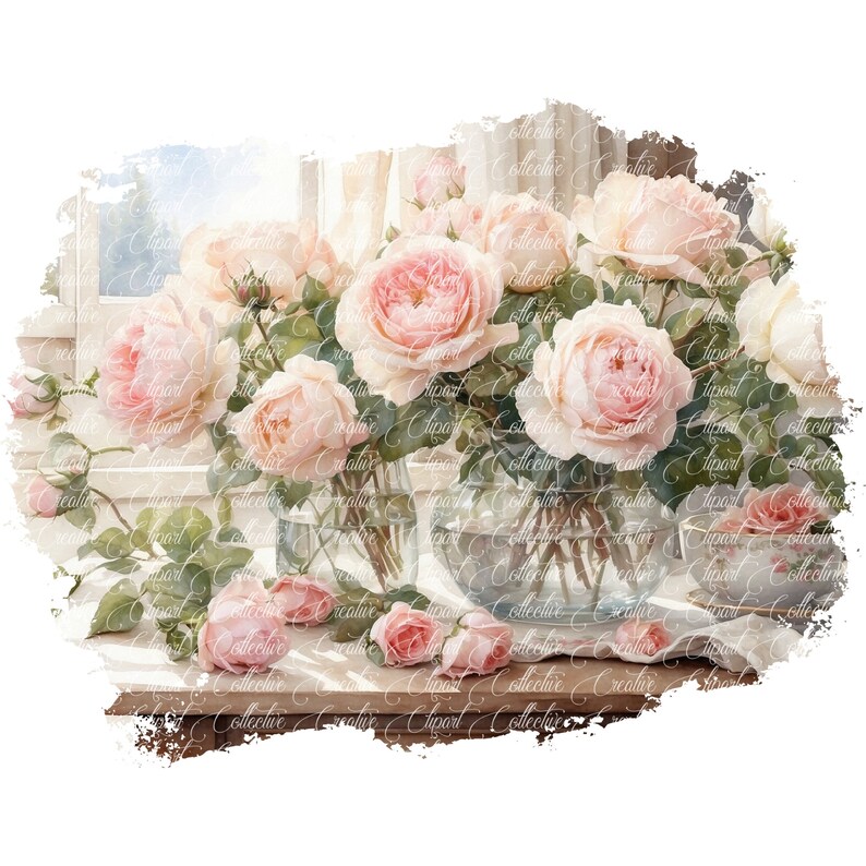 12 Roses Clipart, Shabby Chic Roses in Vase Clipart, Mothers Day Art ...