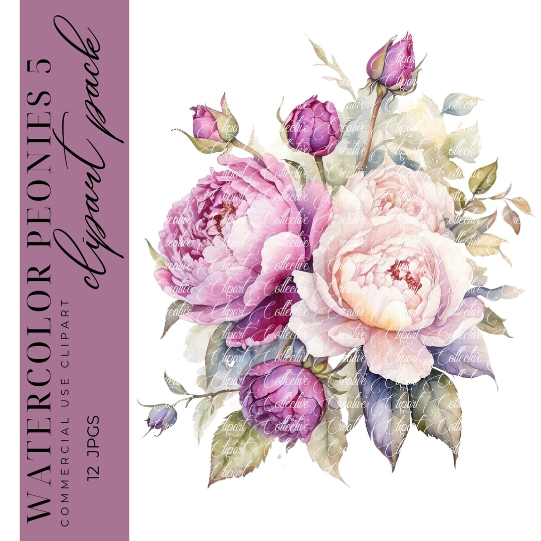 12 Peonies Bouquet Clipart, Watercolor Peony Clipart, Wedding Flower ...