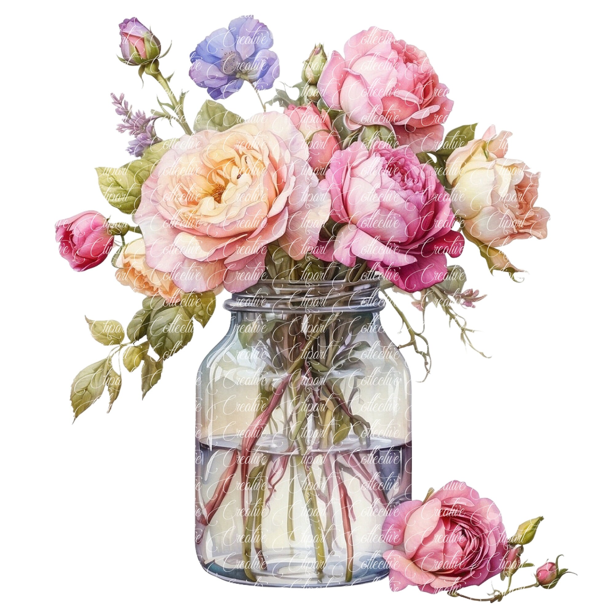 12 Roses Clipart, Floral Clipart, Roses Jar Clipart, Flowers in Mason ...