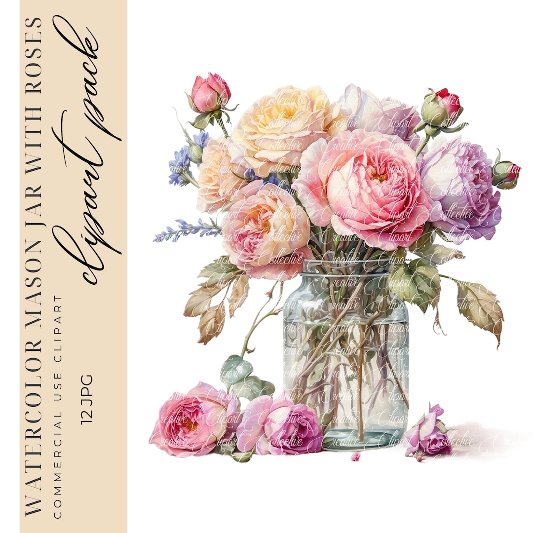 12 Roses Clipart, Floral Clipart, Roses Jar Clipart, Flowers in Mason ...