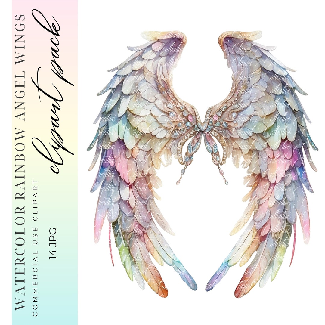 14 Angel Wings, Rainbow Crystal Angel Wings Clipart, Watercolor Angel ...