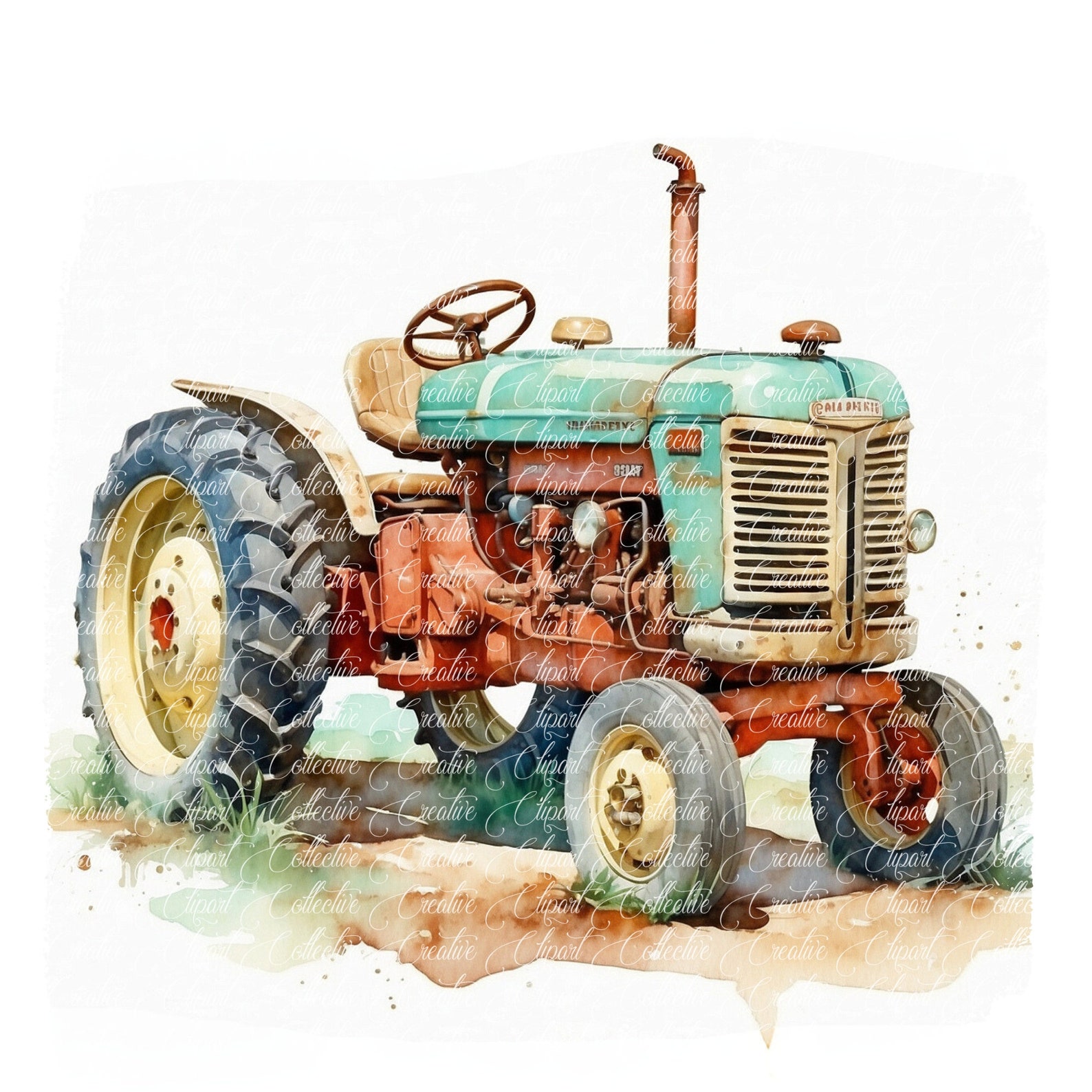 12 Aqua Tractor Clipart, Vintage Tractor Clipart, Watercolor Farm ...
