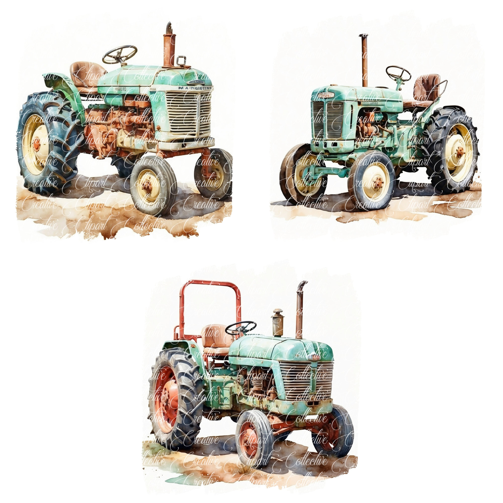 12 Aqua Tractor Clipart, Vintage Tractor Clipart, Watercolor Farm ...