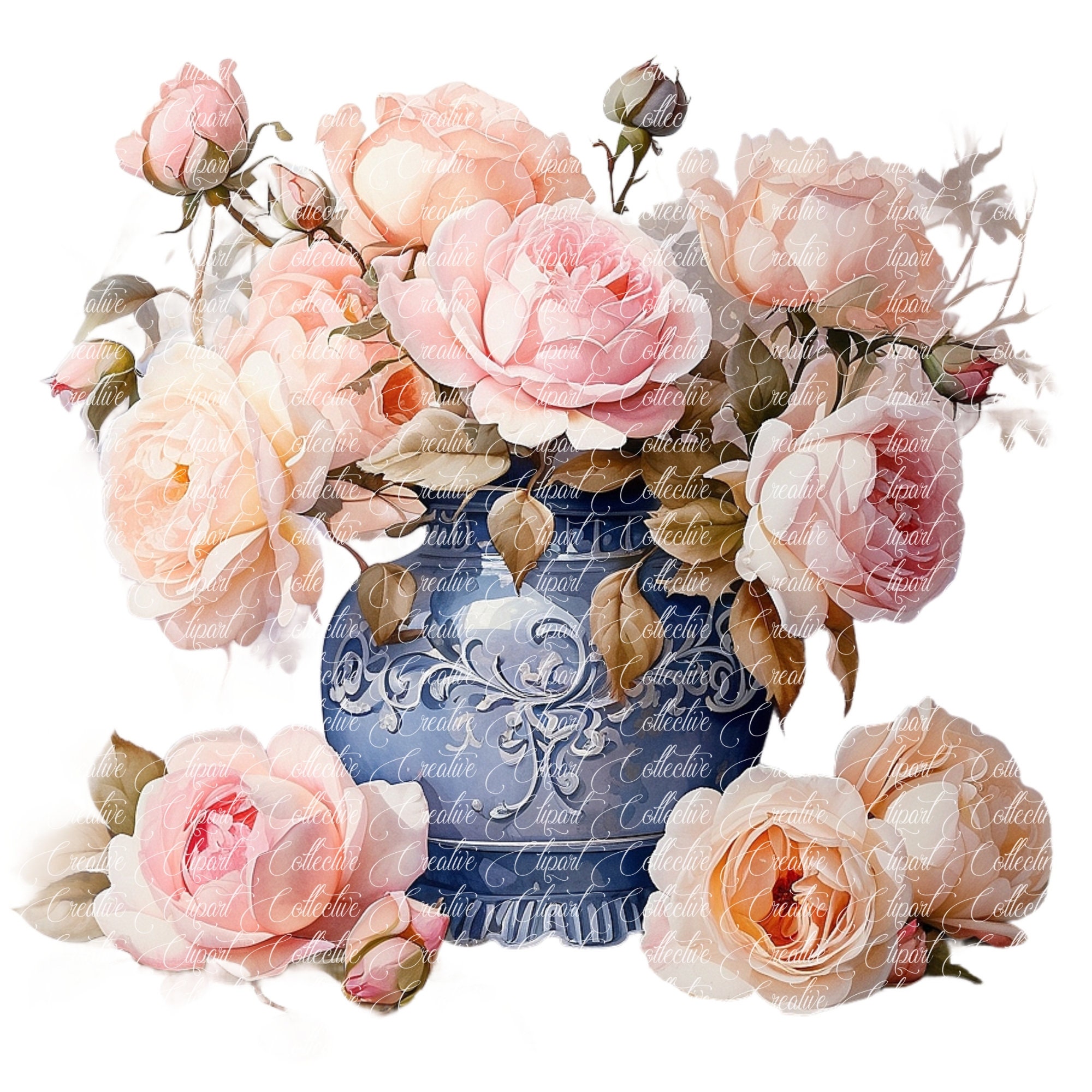 12 Rose Clipart, Roses in Vase Clipart, Shabby Chic Clipart, Printable ...