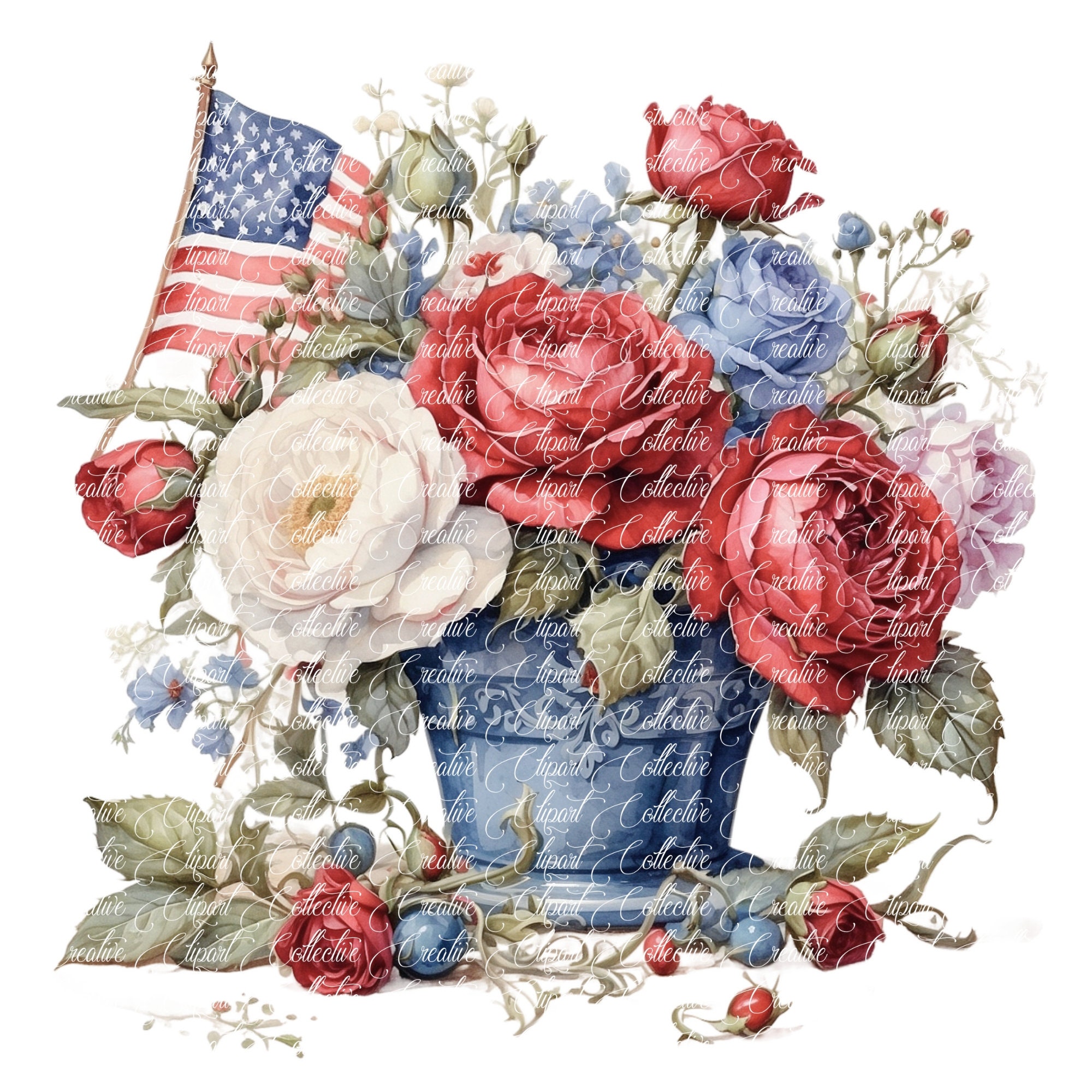 12 Fourth of July Flag and Flowers Clipart, Watercolor Patriotic Art ...