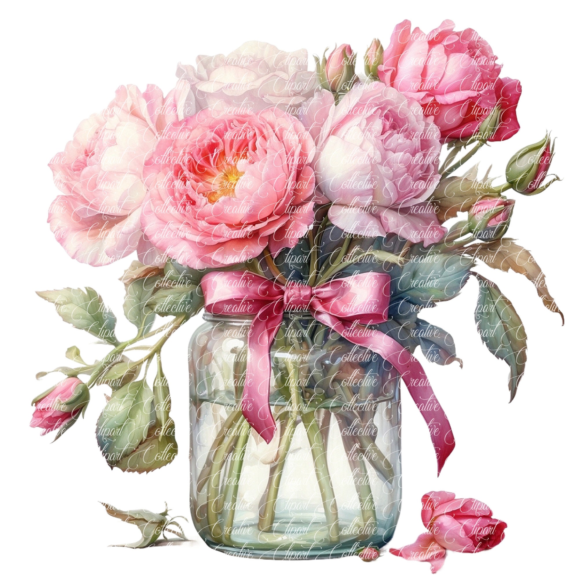 12 Roses Clipart, Floral Clipart, Roses Jar Clipart, Flowers in Mason ...
