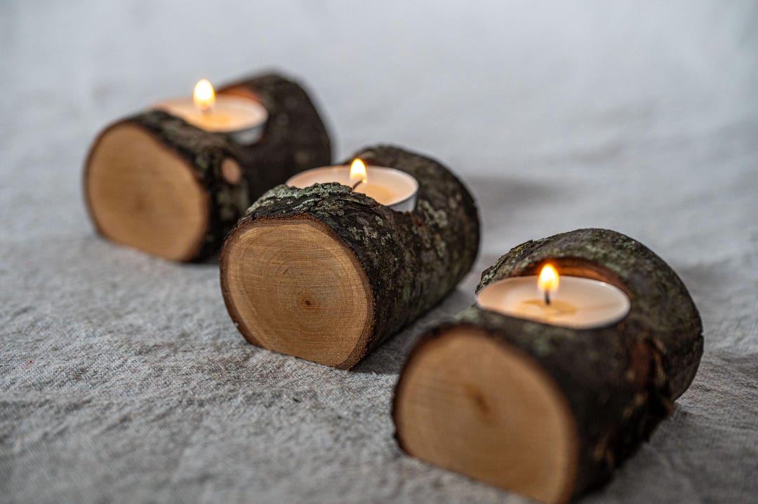 Rustic Wooden Log Candle Holder Set Tree Branch Tealight Wedding Table ...