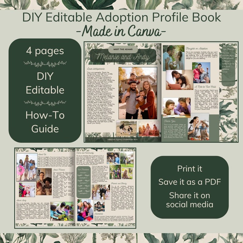 Botanical Adoption Profile Book: Editable Canva Template, 4 Page Sage ...