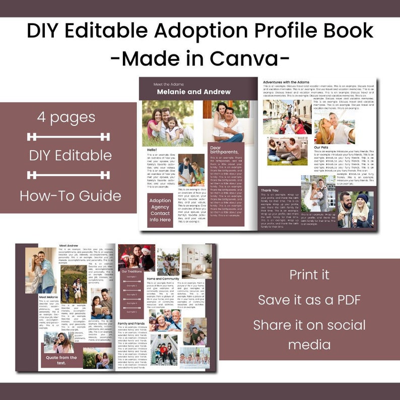 Plum Purple Adoption Profile Book: Editable Canva Template, 4 Page ...
